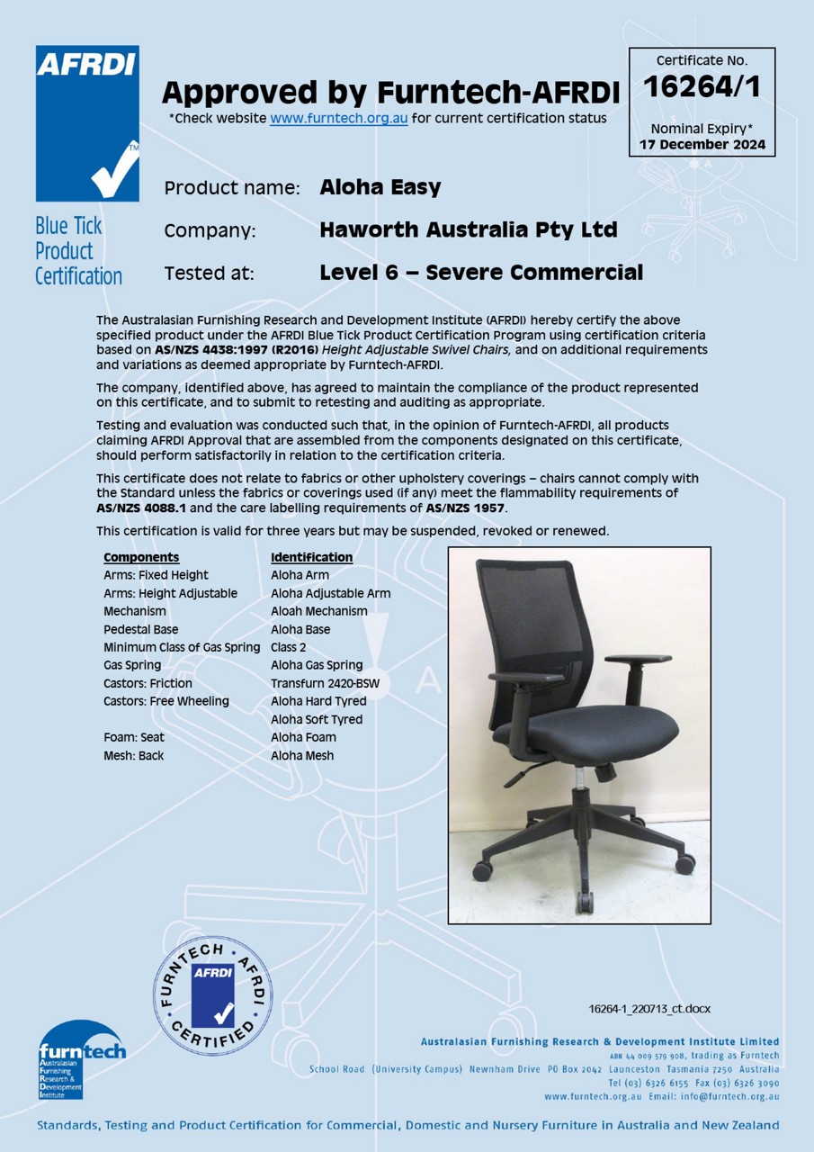 Aloha Easy AFRDI certificate (ANZ) | File details | Haworth
