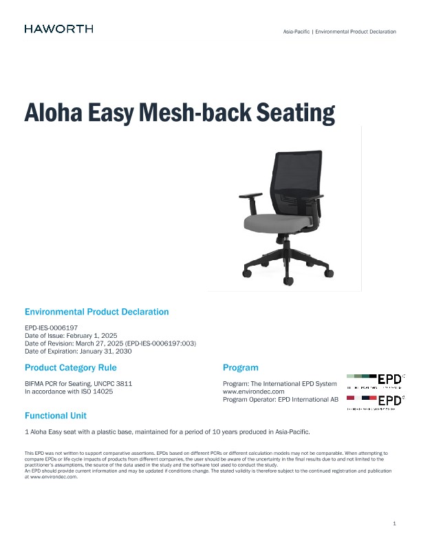 Aloha Easy mesh-back 环境产品声明 (EPD) | 文件详细信息 | Haworth
