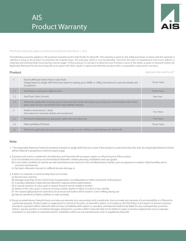 AIS Product Warranty | File details | Haworth