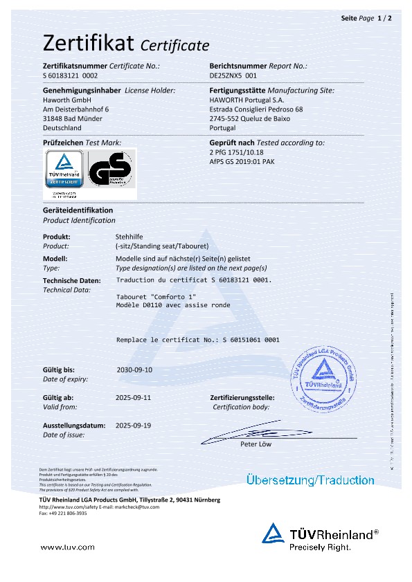 [FR] Comforto 1 certificate - GS safety, Portugal | File details | Haworth