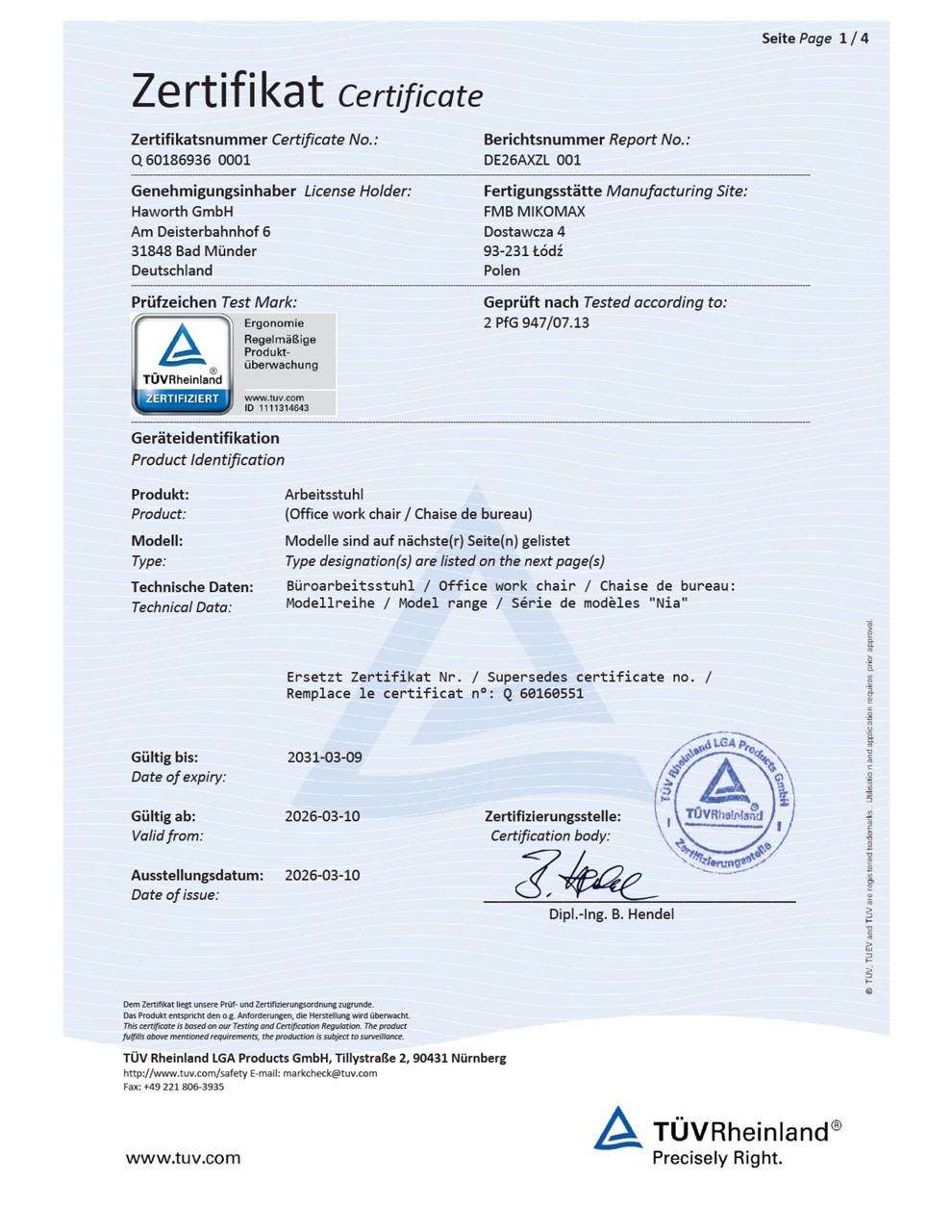 Nia certificate - ergonomics | Détails du fichier | Haworth