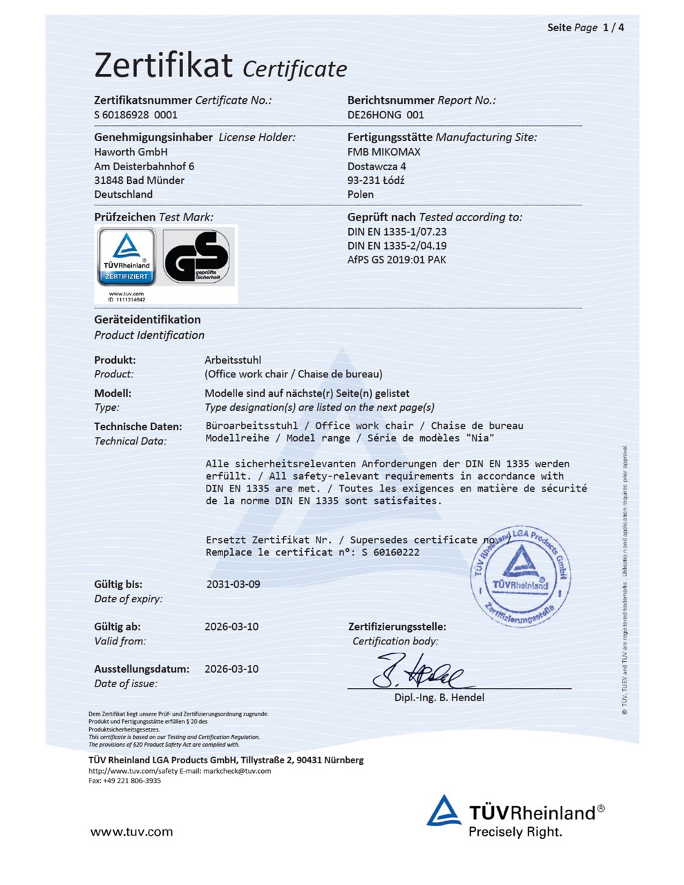 Nia zertifikat - GS Safety (en allemand) | Détails du fichier | Haworth