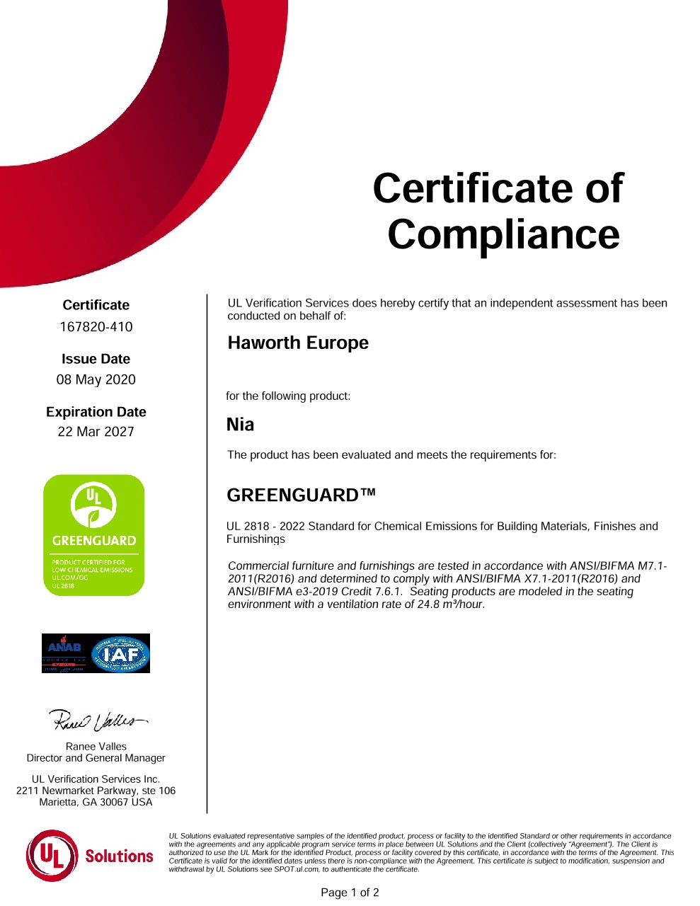 Nia certificat - GreenGuard | Détails du fichier | Haworth