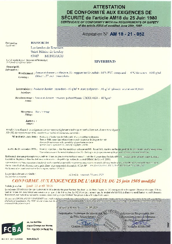 Riverbend certificate - FCBA fire retardancy AM18 | File details | Haworth