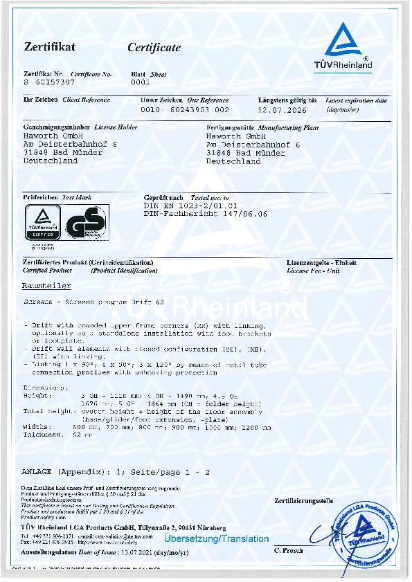 Drift 62 partition certificate - GS safety | File details | Haworth