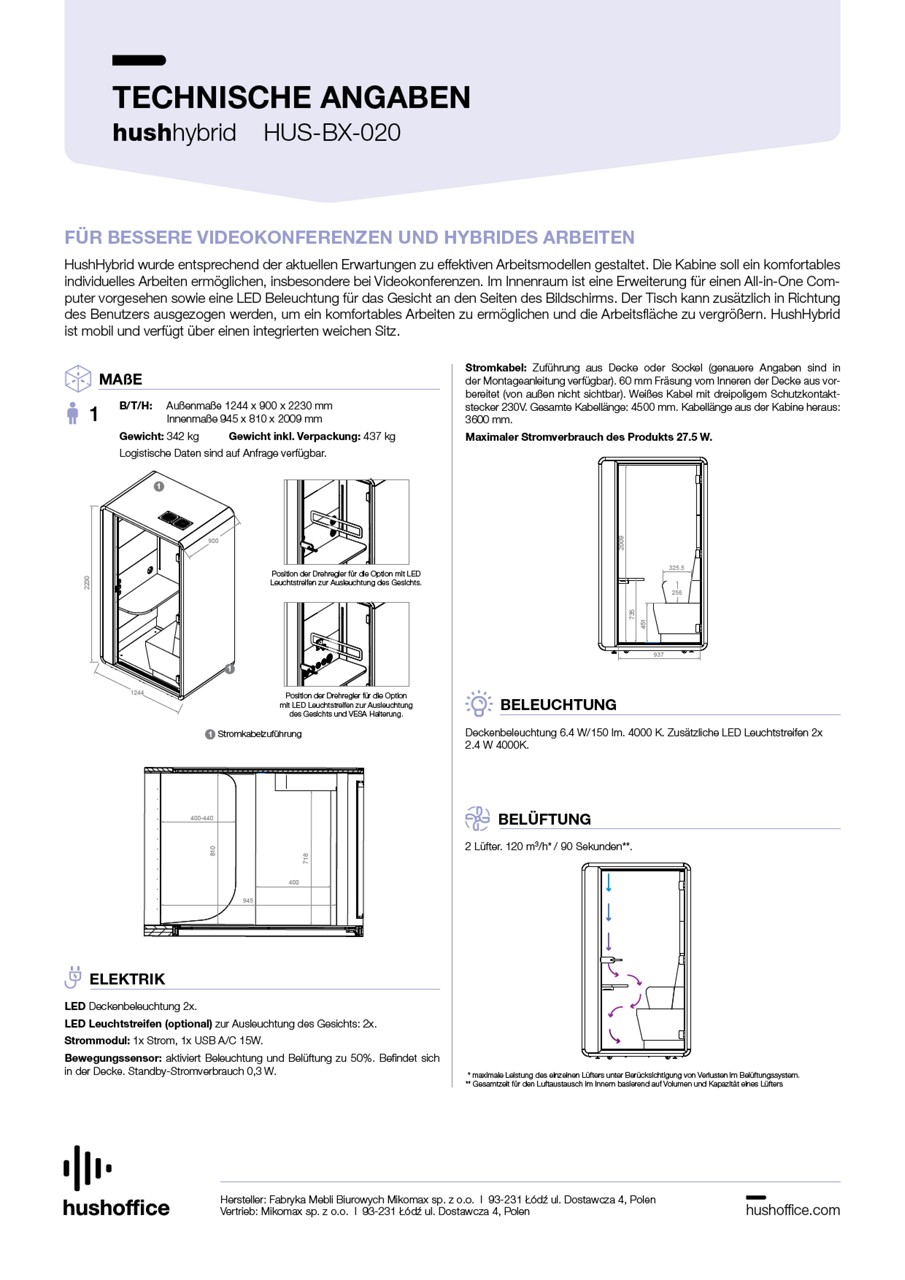 HushHybrid fiche technique (en allemand) | Détails du fichier | Haworth