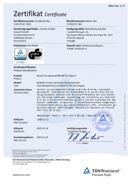 Haworth Cardigan Lounge Zertifikat - GS Sicherheit | Datei-Details | Haworth
