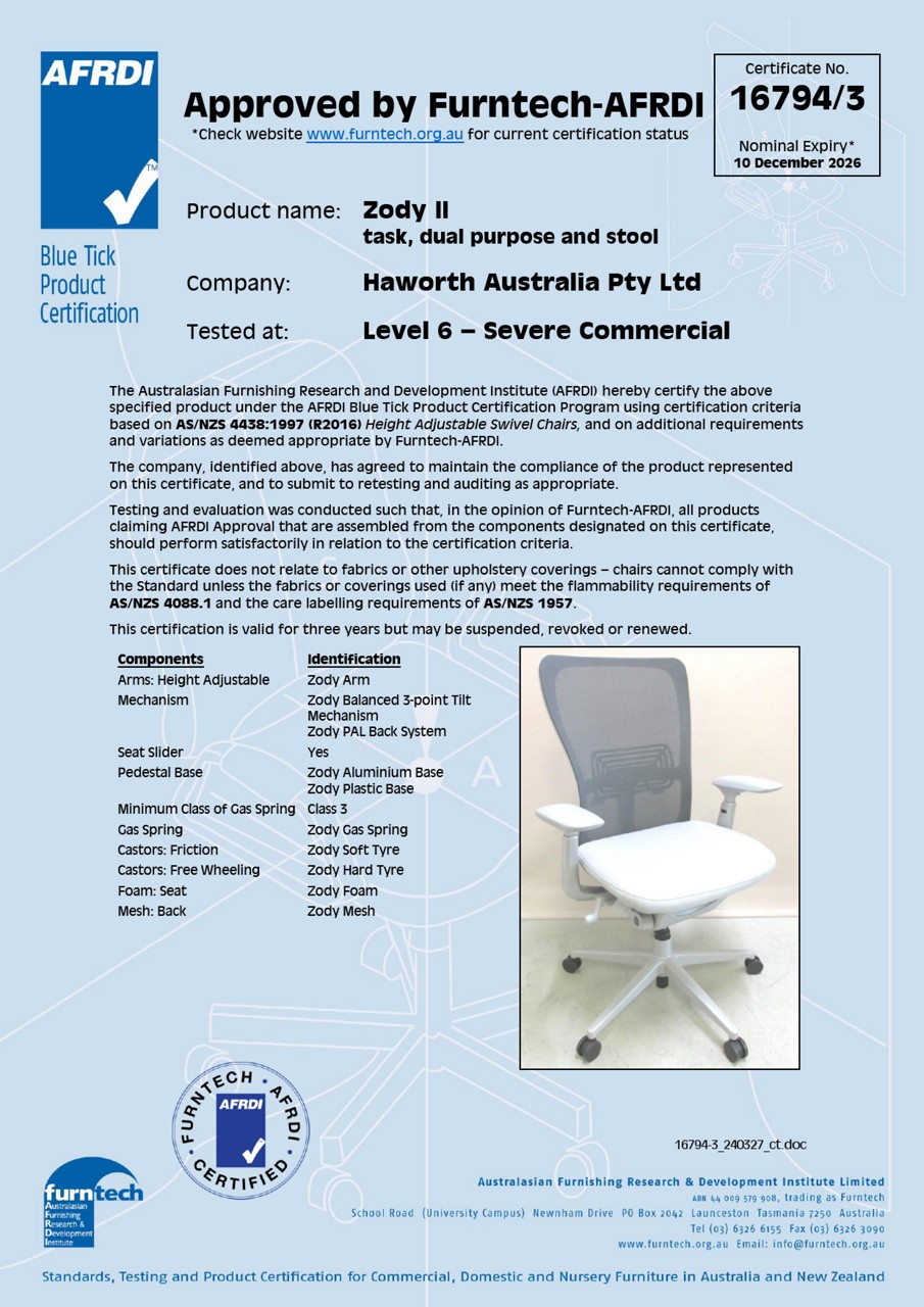 Zody II AFRDI certificate (ANZ) | File details | Haworth