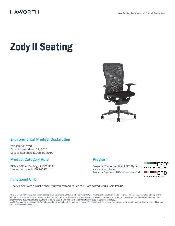 Zody II seating environmental product declaration | File details | Haworth