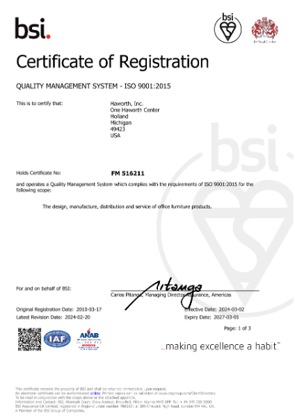 Haworth ISO 9001-2015 Certificate 2024-2027 | 文件详细信息 | Haworth