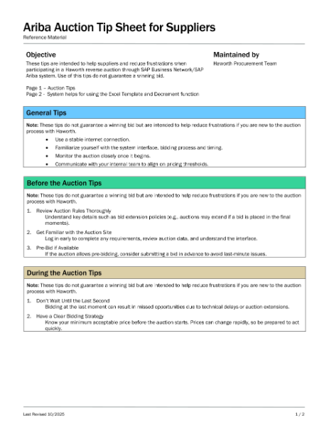 Ariba Auction Tip Sheet for Suppliers | Details Page | Haworth