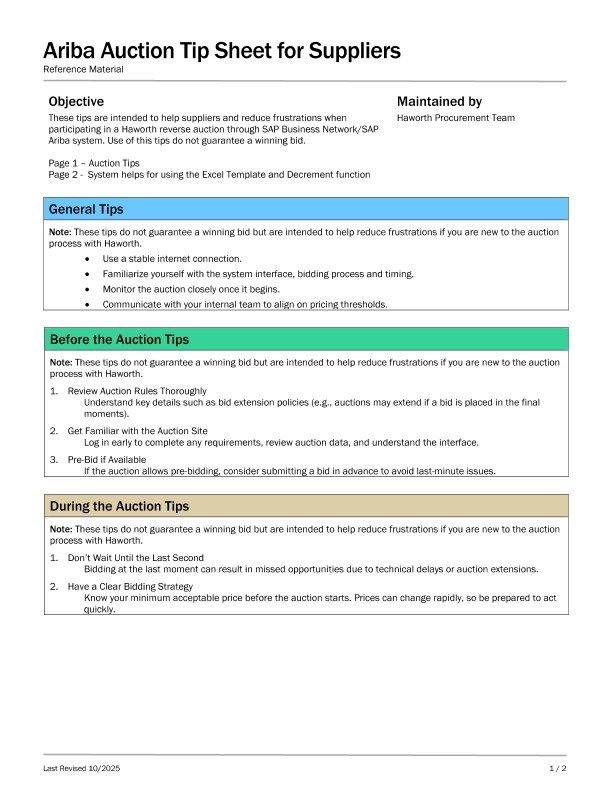 Ariba Auction Tip Sheet for Suppliers | Details Page | Haworth