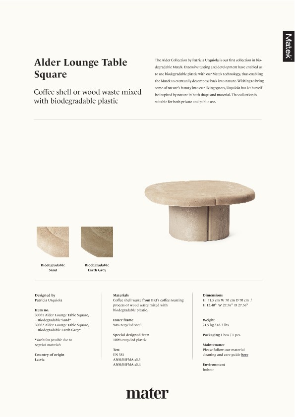 Mater Alder Lounge Table Square Product Sheet | Details Page | Haworth