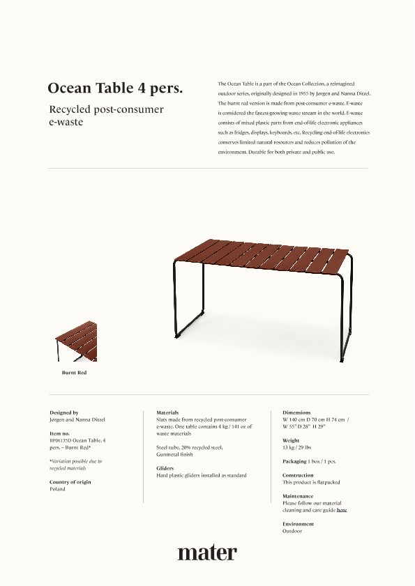 Mater Ocean Four Person Table Product Sheet - Burnt Red | Details Page ...