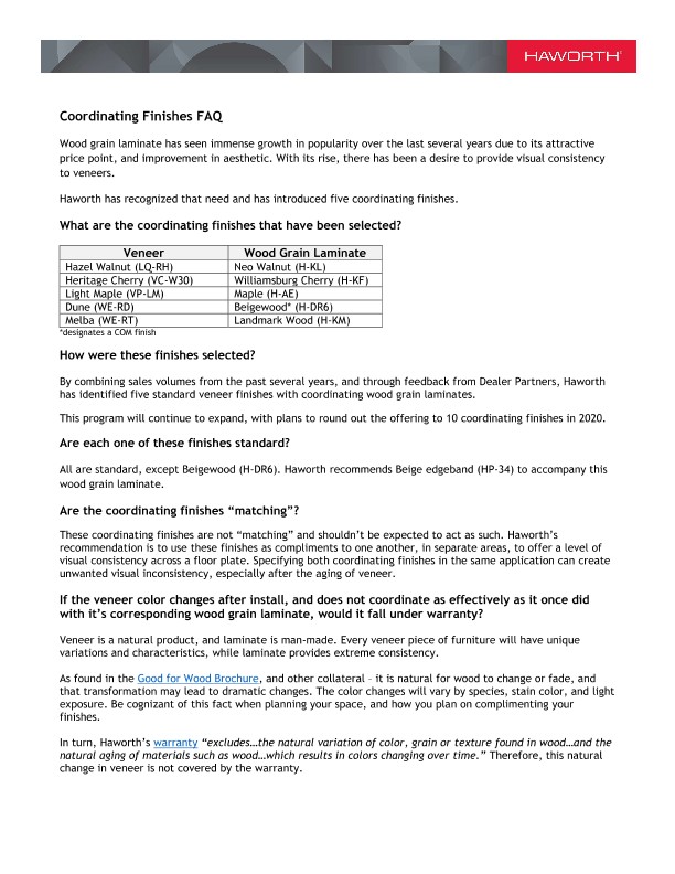 Coordinating Finishes FAQ | Details Page | Haworth