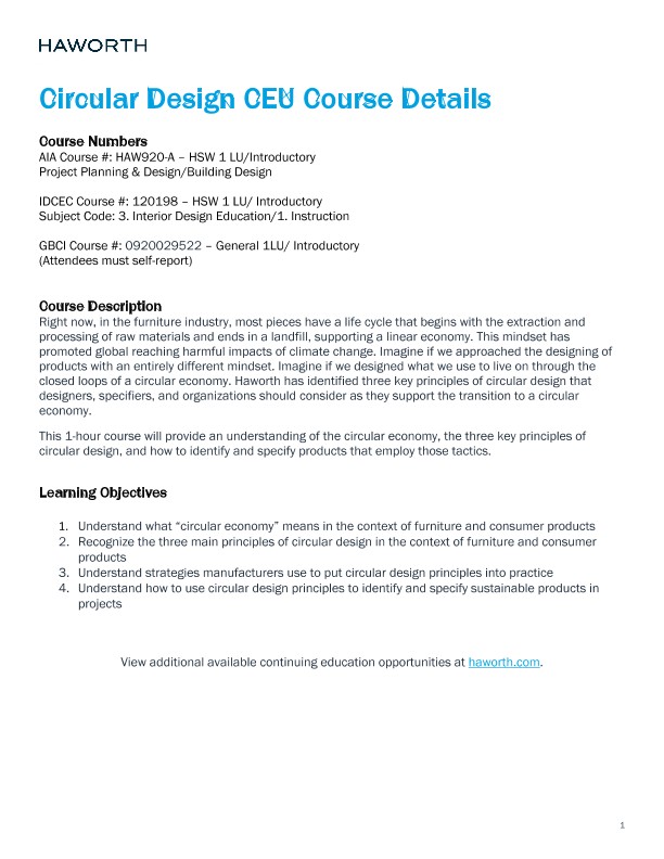 Circular Design CEU Course Details | Details Page | Haworth