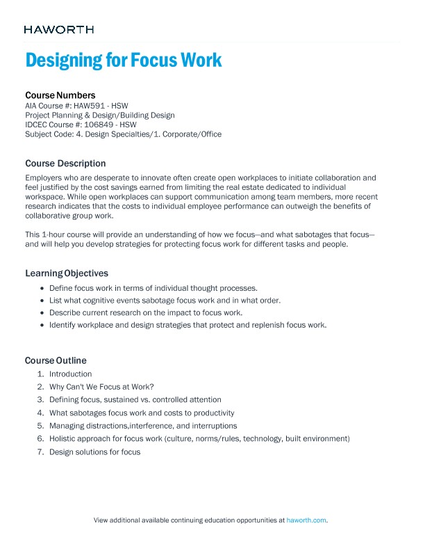 Designing for Focus Work Course Description | Details Page | Haworth