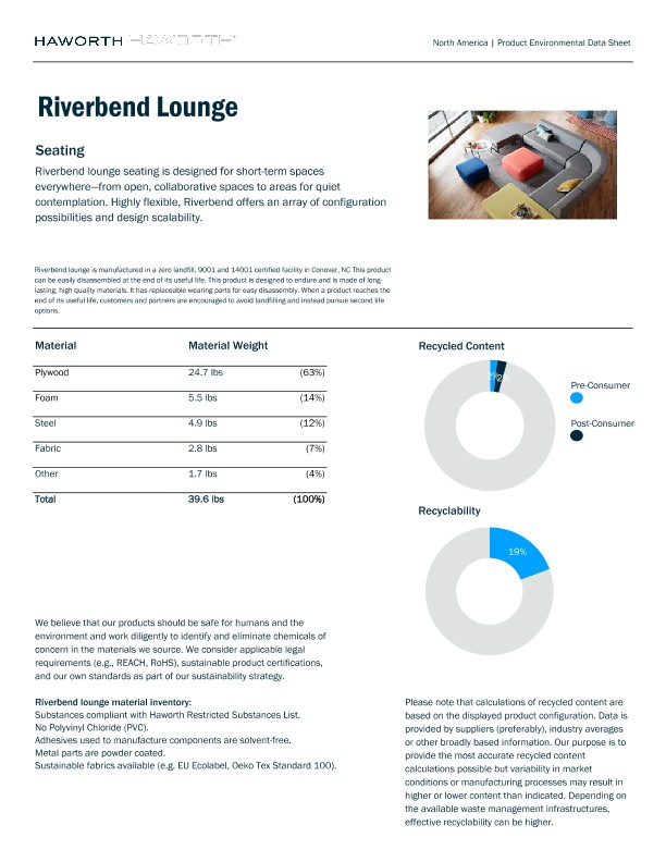 Riverbend Lounge Product Environmental Data Sheet | Details Page | Haworth