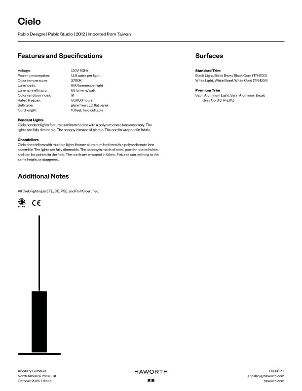 Cielo Lighting Price Pages | Details Page | Haworth