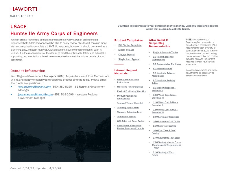USACE Huntsville Army Corps of Engineers Toolkit | Details Page | Haworth